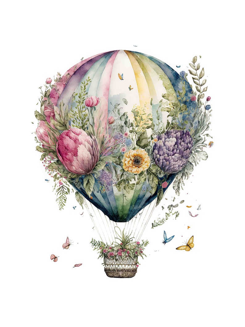 Watercolor Floral Hot Air Balloon Digital Art Print / Instant Download ...