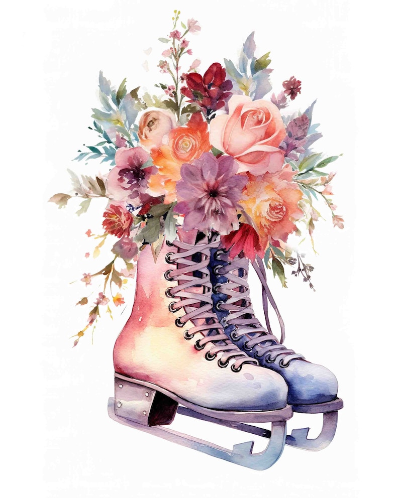 Watercolor Floral Ice Skates, Digital Art Print / Instant Download ...