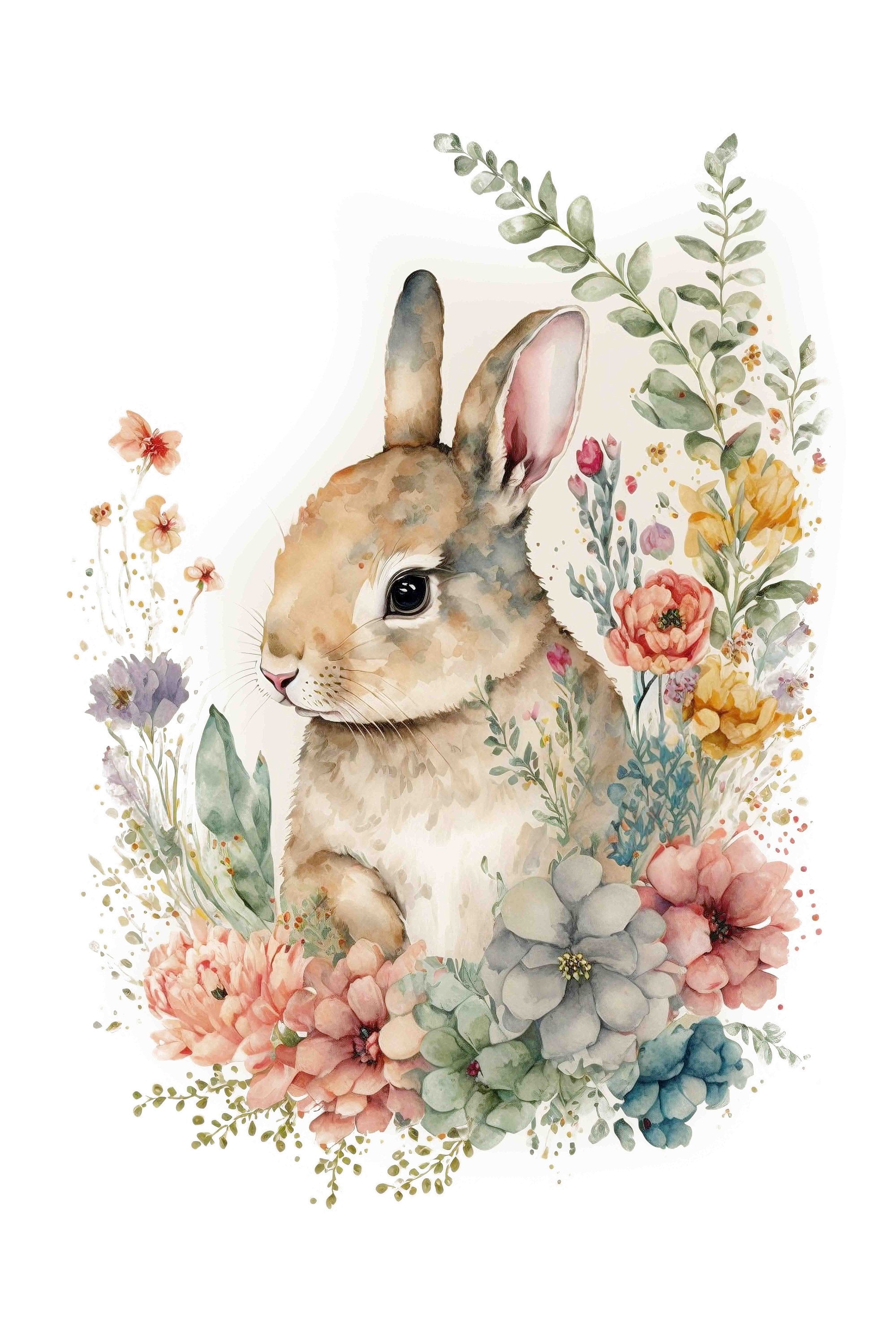 Watercolor Adorable Baby Bunny in Flowers Easter Wall Art - Etsy