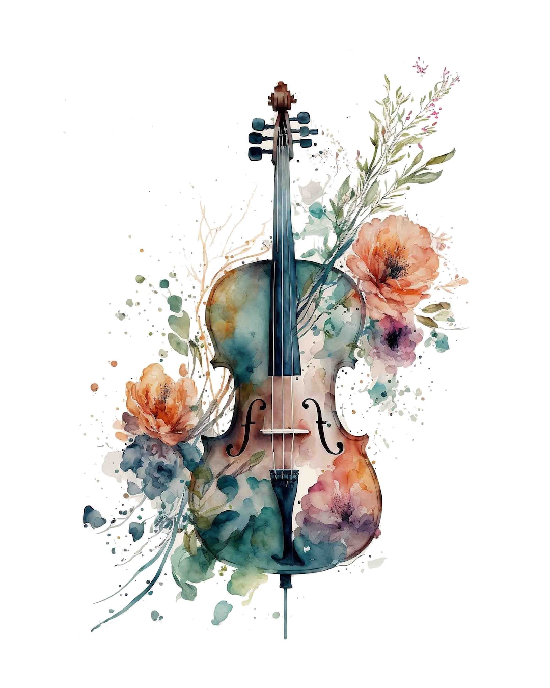 Watercolor Floral Violin Digital Art Print / Instant Download Printable ...