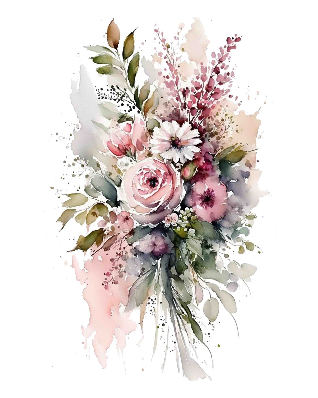 Watercolor Bouquet of Pink Flowers, Spring Flower Digital Art Print ...