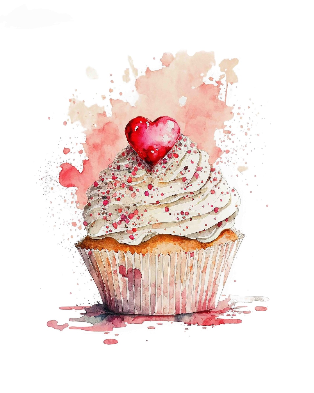 Watercolor Pink Heart Cupcake Digital Art Print / Instant Download ...