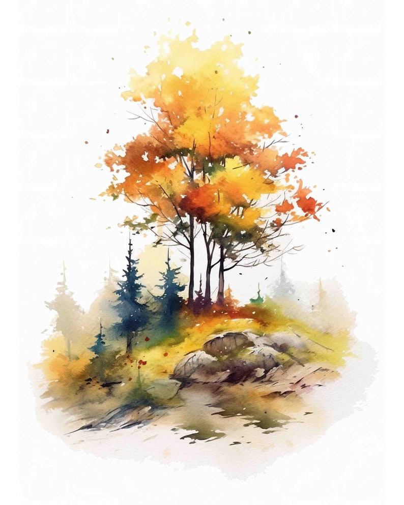 Watercolor Autumn Forest Vignette, Fall Nature Digital Art Print ...