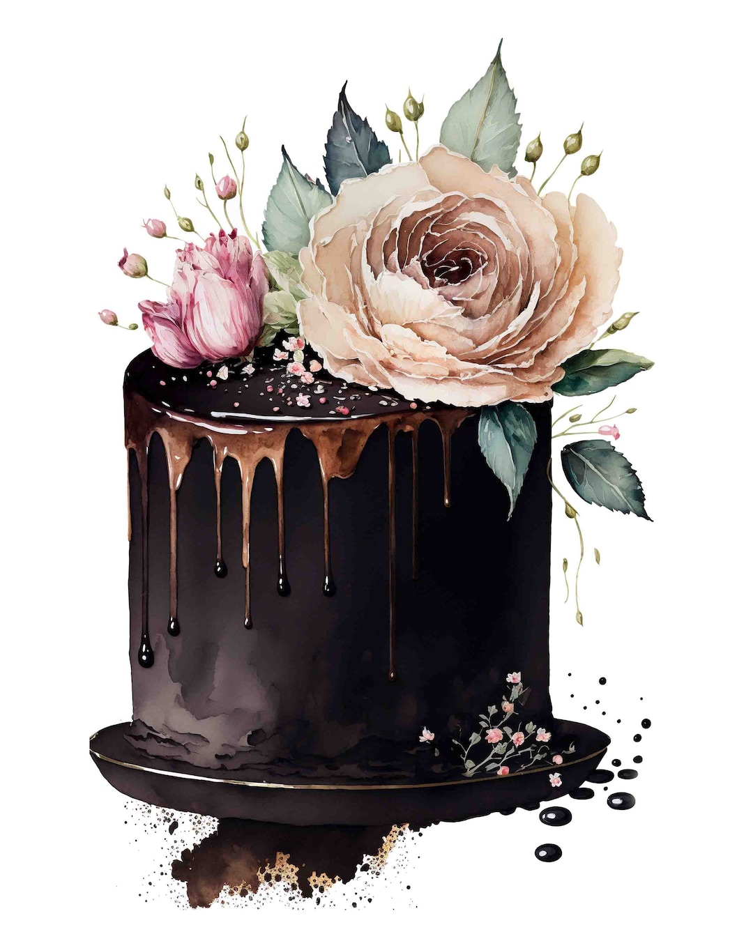Watercolor Dark Chocolate Cake Digital Art Print / Instant Download ...