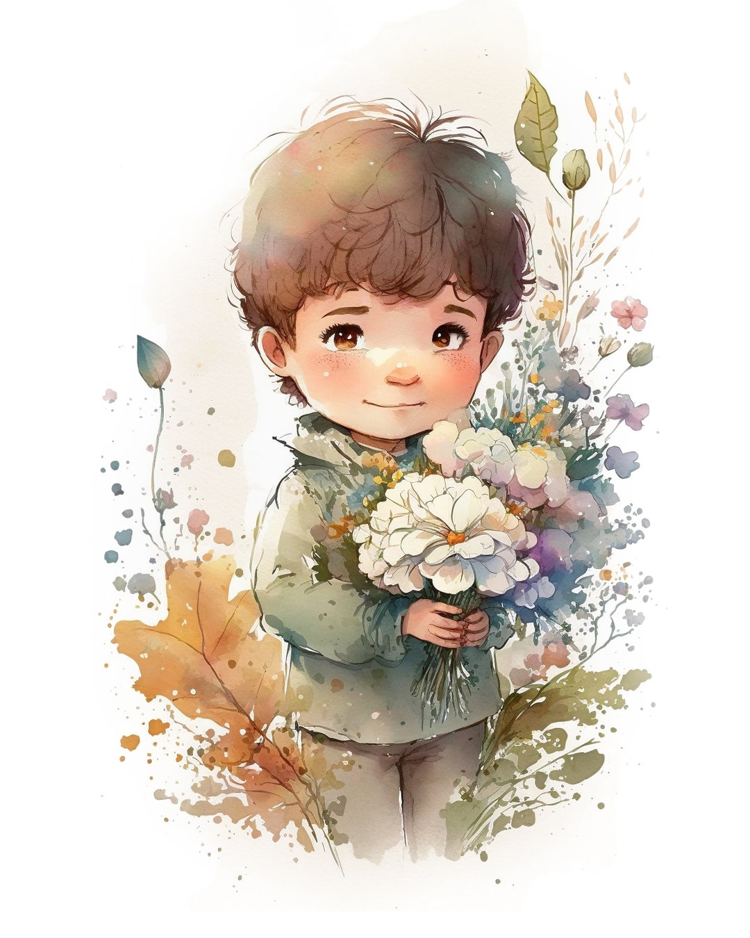 Boy With Flowers Watercolor Art Print (digital Download) - Etsy