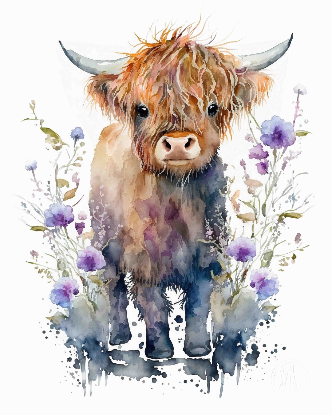 Watercolor Adorable Baby Highland Cow With Flowers, Wall Art, Digital ...
