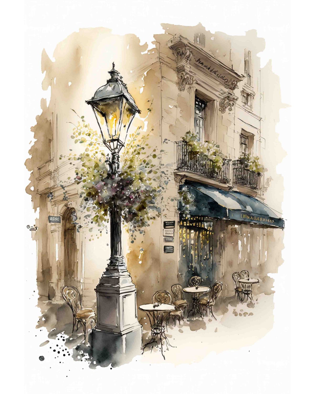 Watercolor Cafe in Paris Vignette Digital Art Print / Instant Download ...