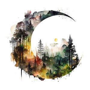Watercolor Forest Moon Digital Art Print / Instant Download Printable ...