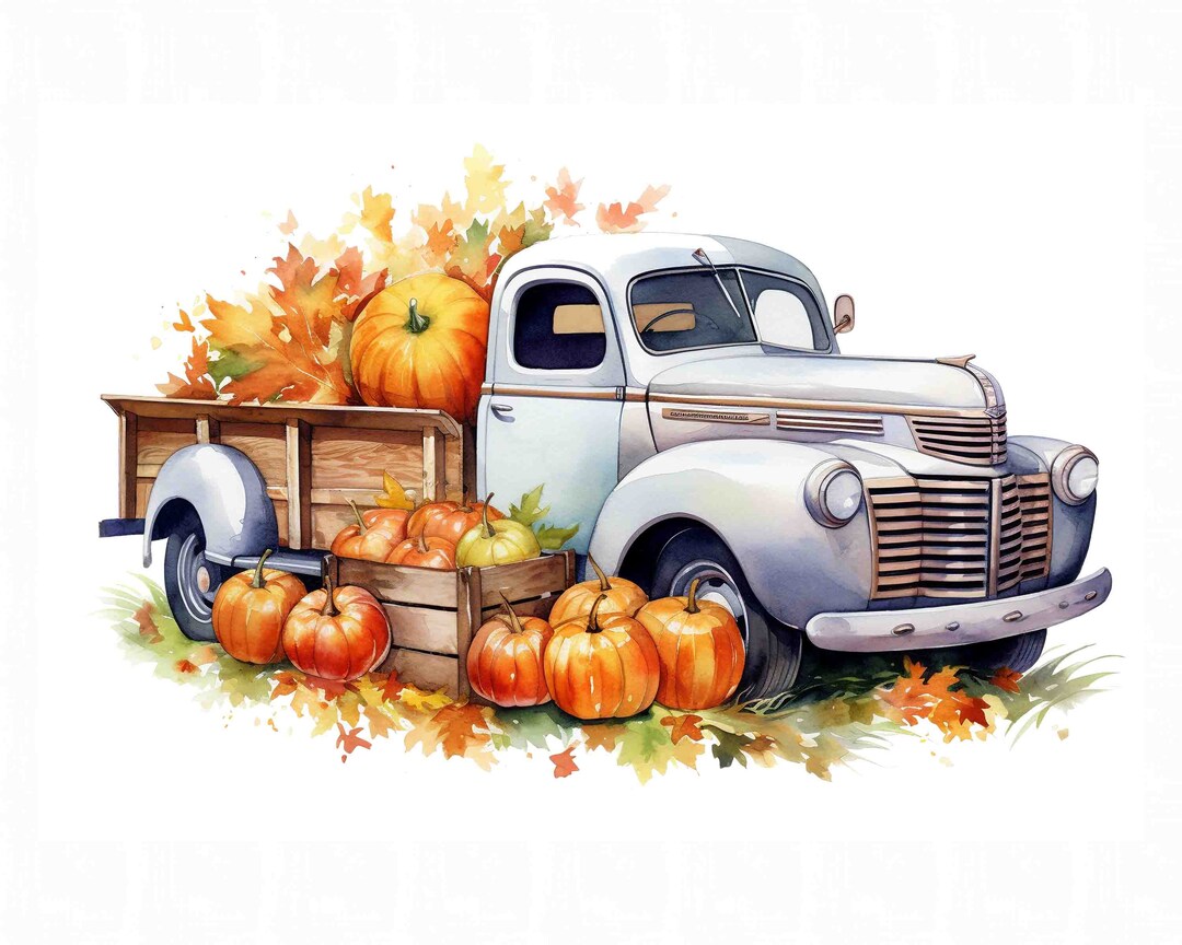 Watercolor Fall Pumpkin Truck Arrangement, Autumn Digital Art Print ...