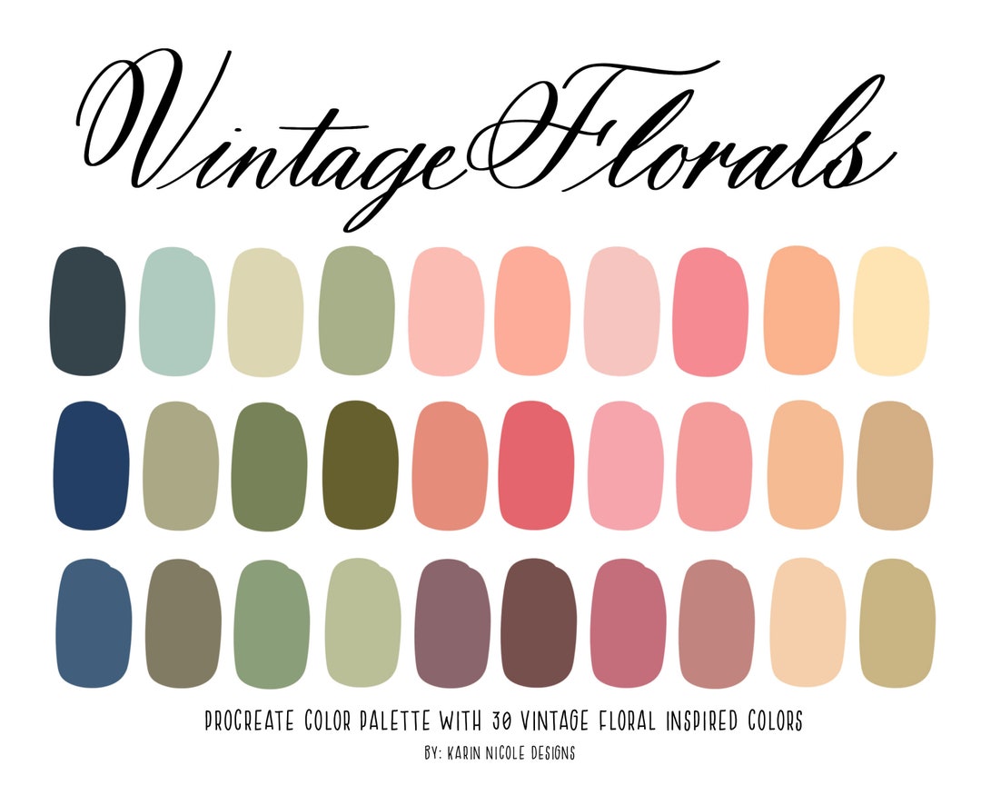 Vintage Florals Color Palette for Procreate, Blue and Pink Swatches for ...