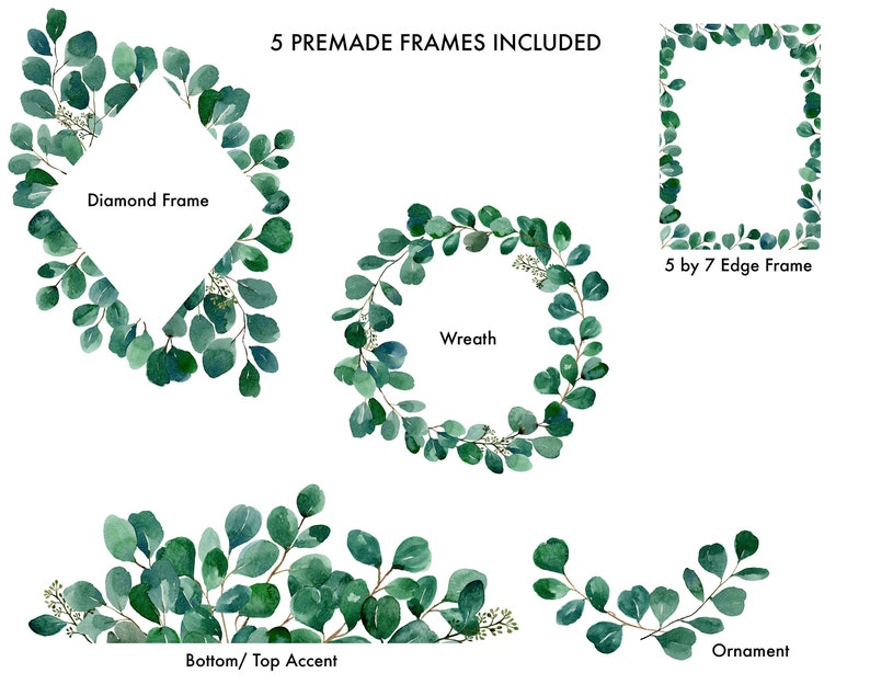 Eucalyptus Watercolor Clipart, Floral Frames, DIY Invitations (digital ...