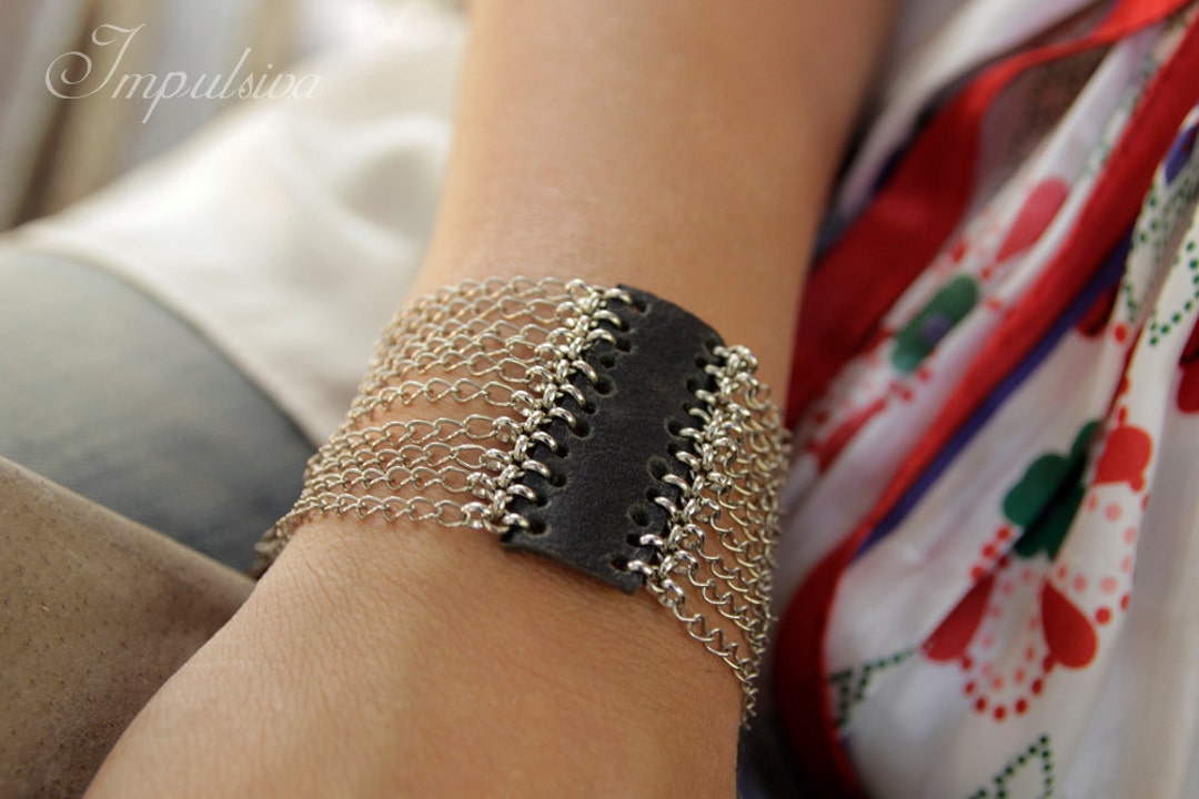 Leather Tab Multi-chain Bracelet Leather & Chain Bracelet - Etsy
