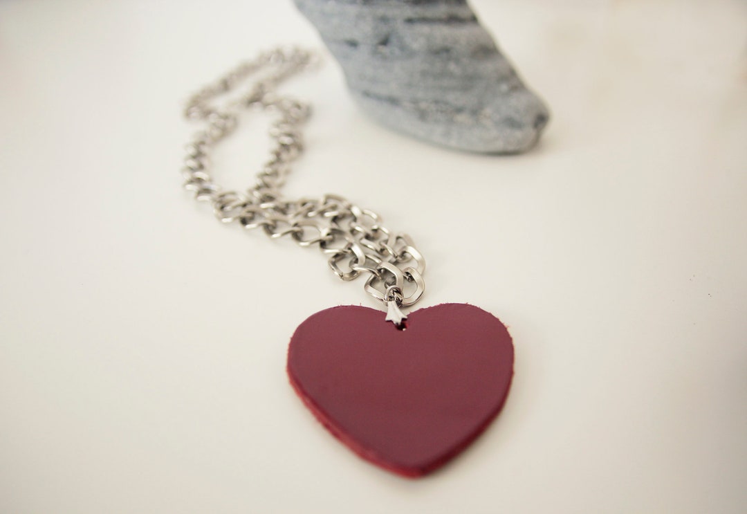 Red Leather Heart Necklace, Curb Chain, Valentine's Gift - Etsy