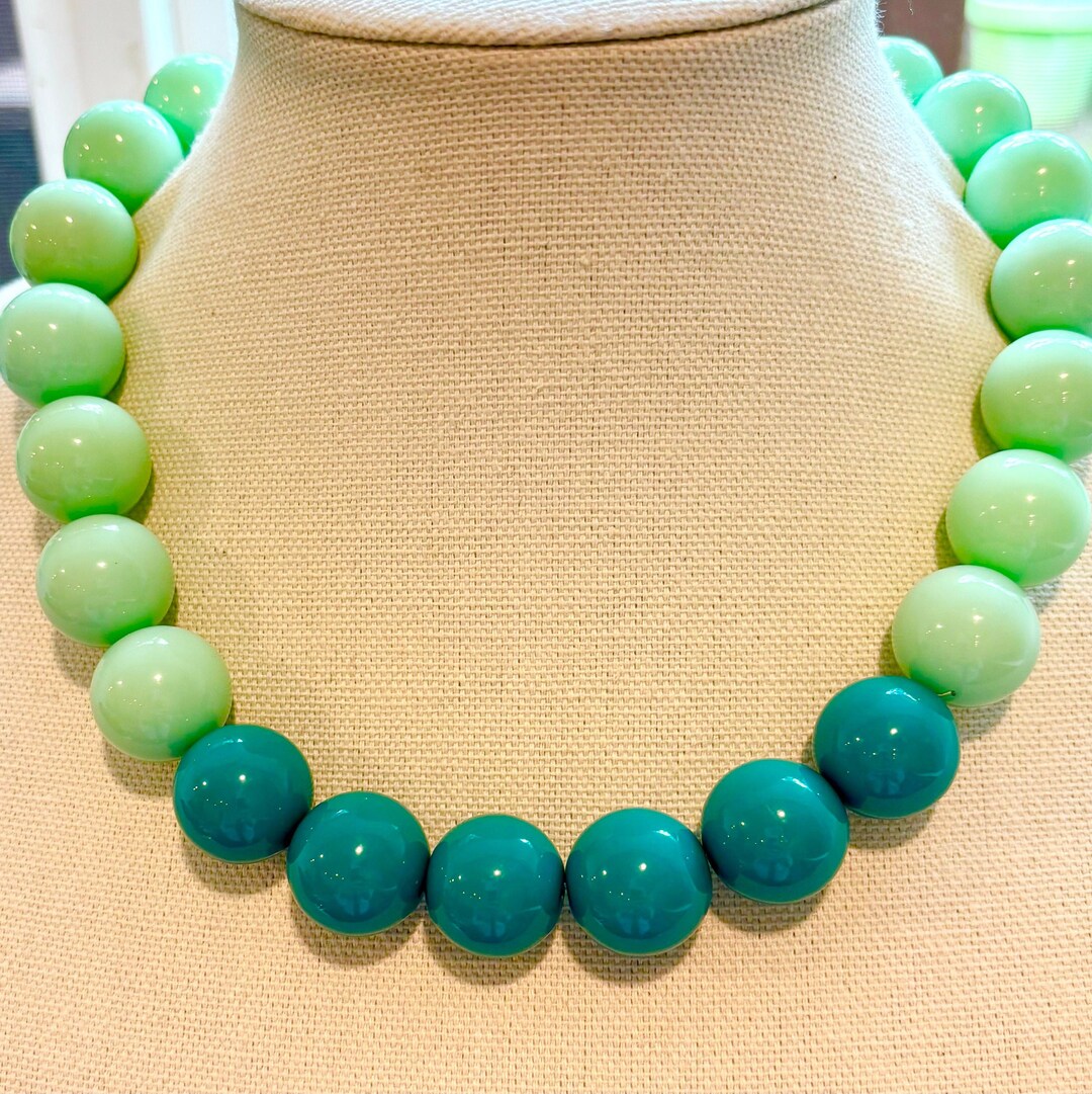 Handmade Big Bead Necklace on Elastic, Teal Blue and Key Lime Green ...