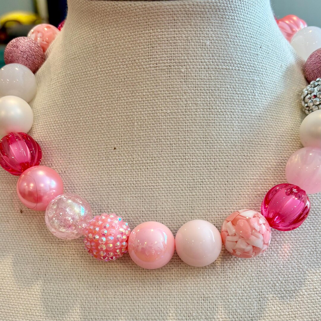 Pink Sparkle Pearl Translucent BUBBLEGUM BEAD Necklace, Shiny ...