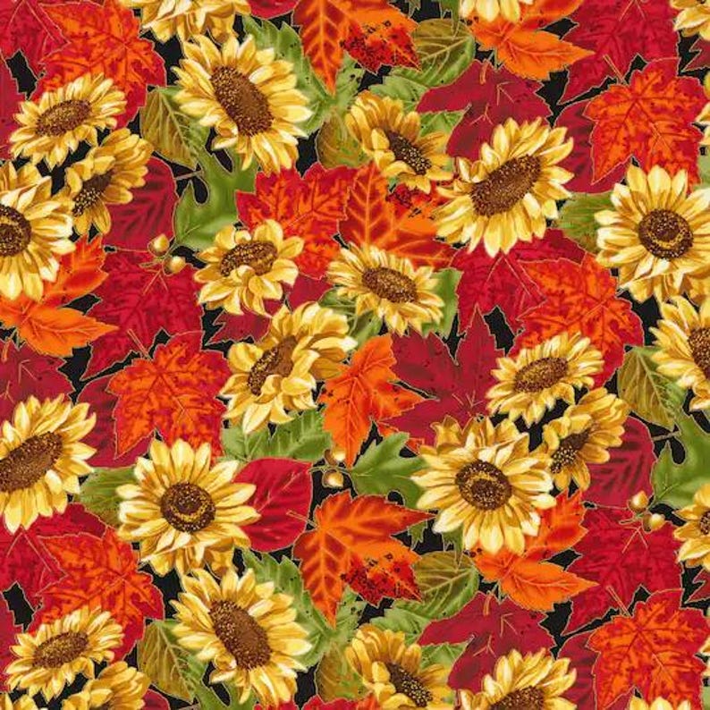 Fall Leaves and Sunflowers Fabric With Glitter Outlines, Autumn Fabric ...