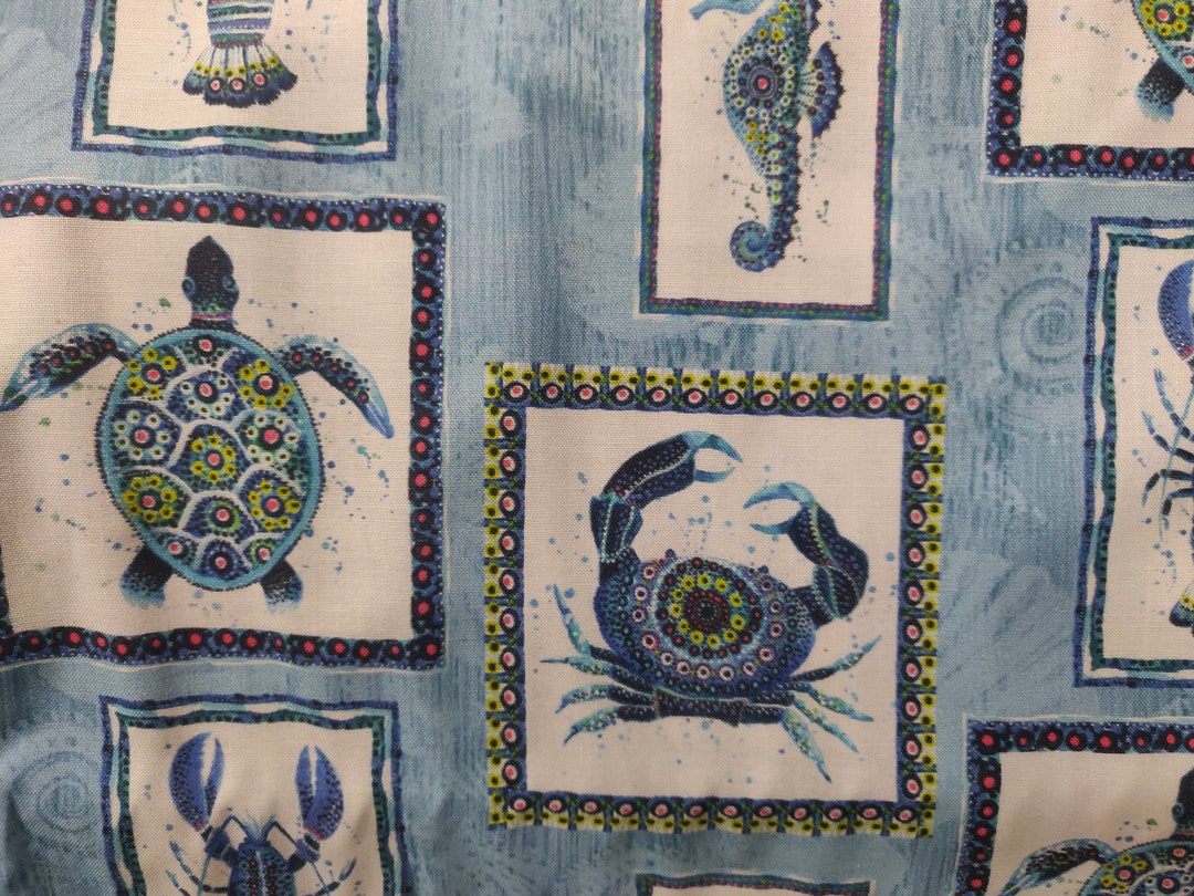 Ocean Patches Fabric, Sea Turtles and Crabs Fabric, 100% Cotton Fabric ...