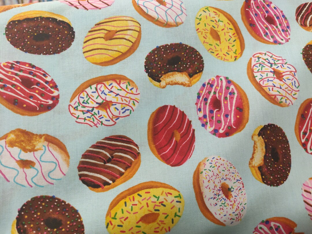 Donut Fabric, 100% Cotton, Tossed Donuts on Light Blue, Fabric by the ...