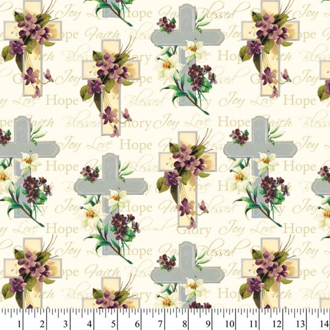 Crosses and Flowers Fabric, 100% Cotton, Christian Fabric, Fabric by ...