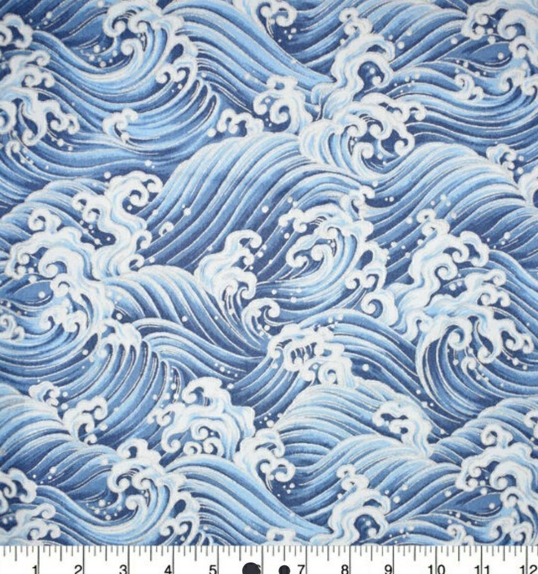 Ocean Waves Fabric, Blue Ocean Waves Metallic Fabric, 100% Cotton ...