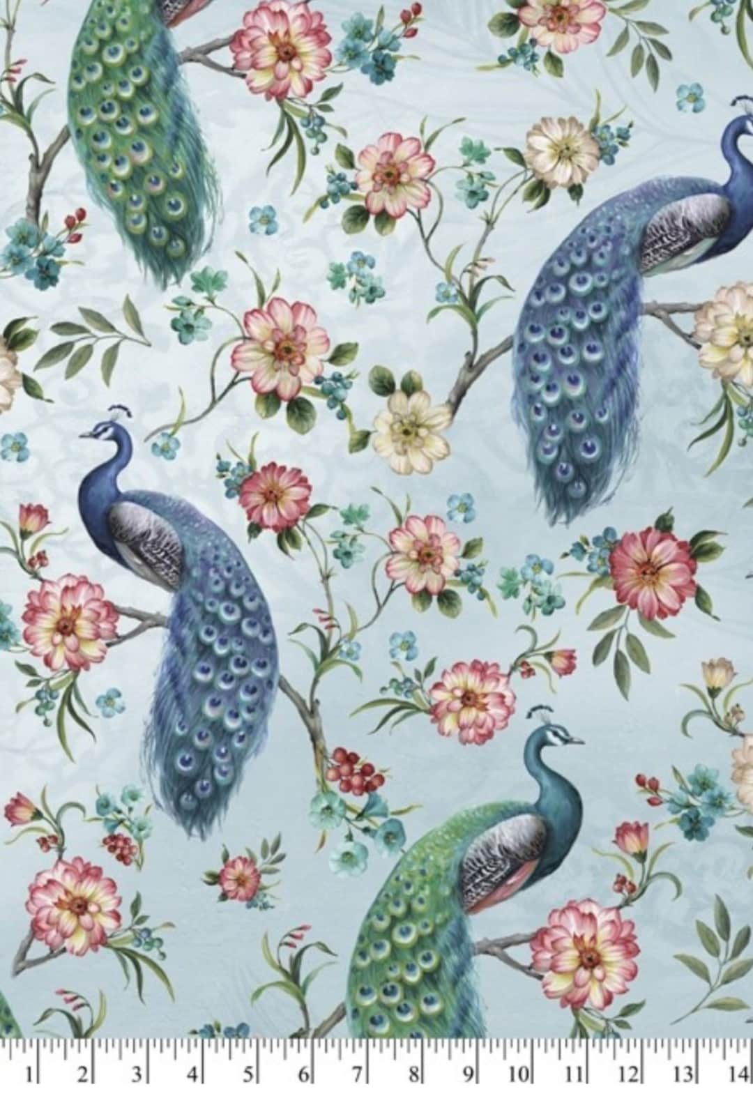 Peacock Fabric, 100% Cotton, Blue and Green Peacocks Fabric by the Yard ...