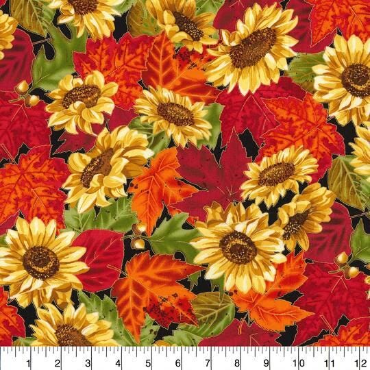 Fall Leaves and Sunflowers Fabric With Glitter Outlines, Autumn Fabric, 100% Cotton, Fabric by ...
