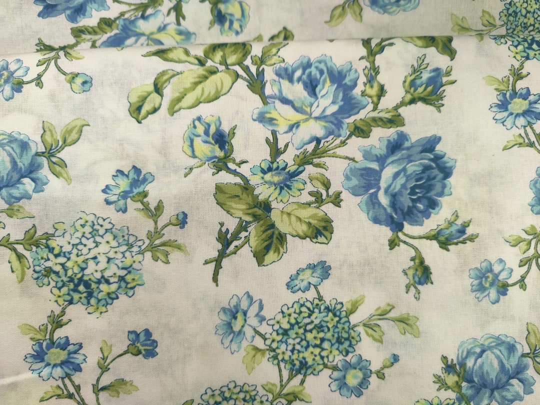 Blue Floral Fabric, 100% Cotton Fabric, Blue Roses Fabric, Fabric by ...