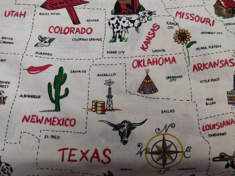 US States Fabric, 100% Cotton Fabric, United States Map Fabric, Fabric ...