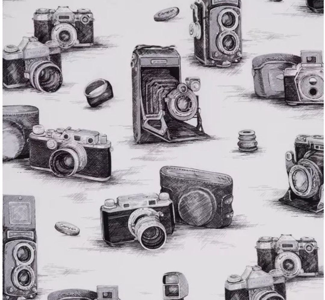 Camera Fabric, Black & White Sketched Cameras Fabric, 100% Cotton ...