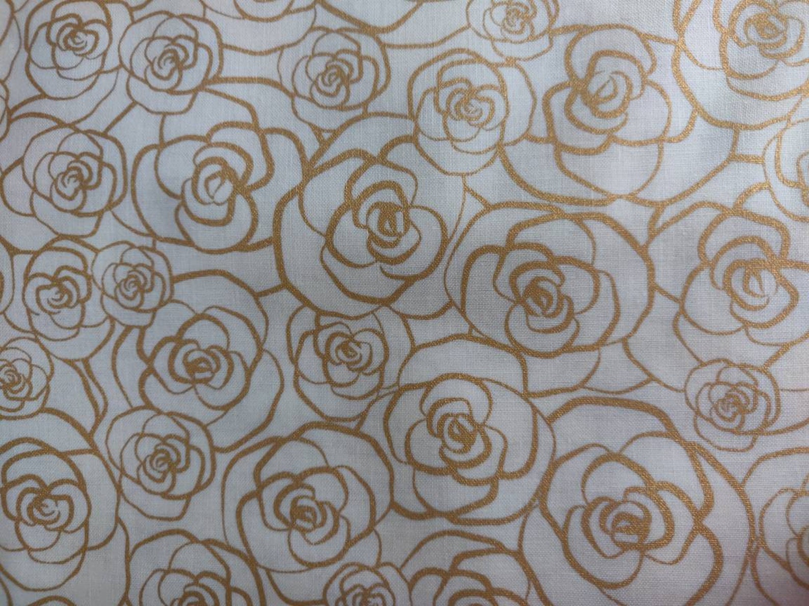 Gold Rose Outline on White 100% Cotton Fabric Fabric by the | Etsy