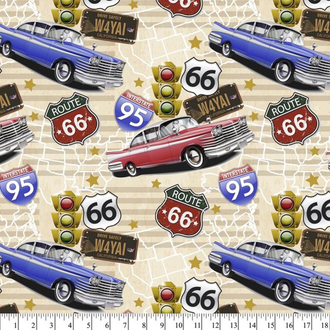 Classic Cars Fabric, Route 66 Fabric, 100% Cotton, Fabric by the Yard ...