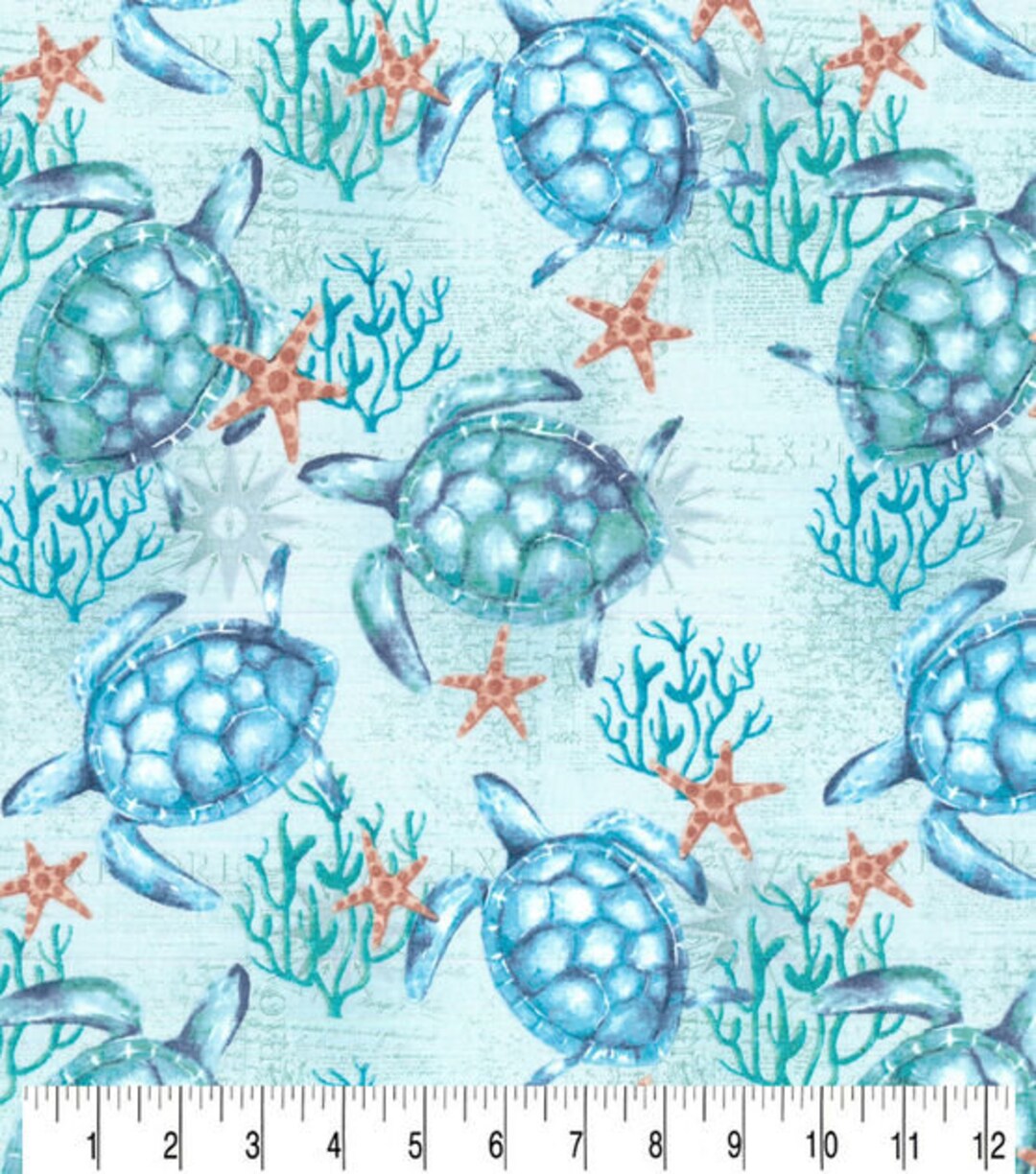 Sea Turtle Fabric, Sea Turtles and Starfish Fabric, 100% Cotton Fabric ...