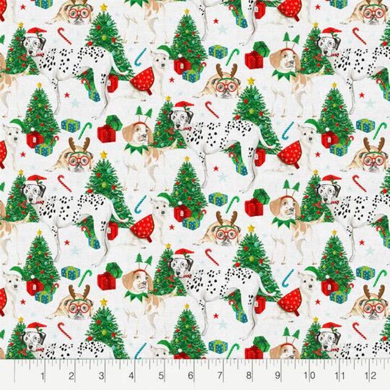 Christmas Dogs Fabric, 100% Cotton, Fabric by the Yard, Choose Your Cut ...