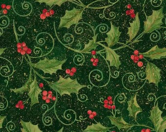 Mistletoe Floral Print Fabric Mistletoe and Red Berries by Crystal ...