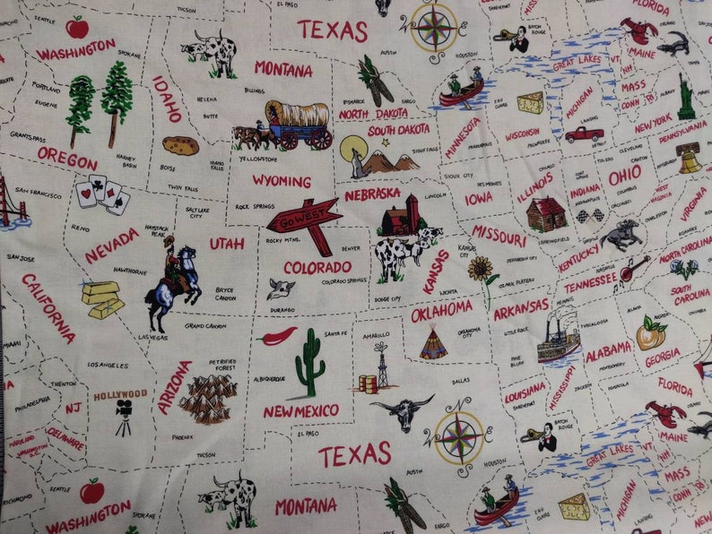 US States Fabric, 100% Cotton Fabric, United States Map Fabric, Fabric ...