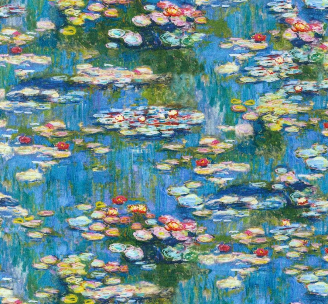 Water Lily Fabric, Painted Water Lilies Fabric, 100% Cotton, Fabric by ...