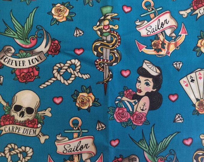 Tattoo Fabric Tattoo Doodle on Blue on White by Caja Design Tattoo ...