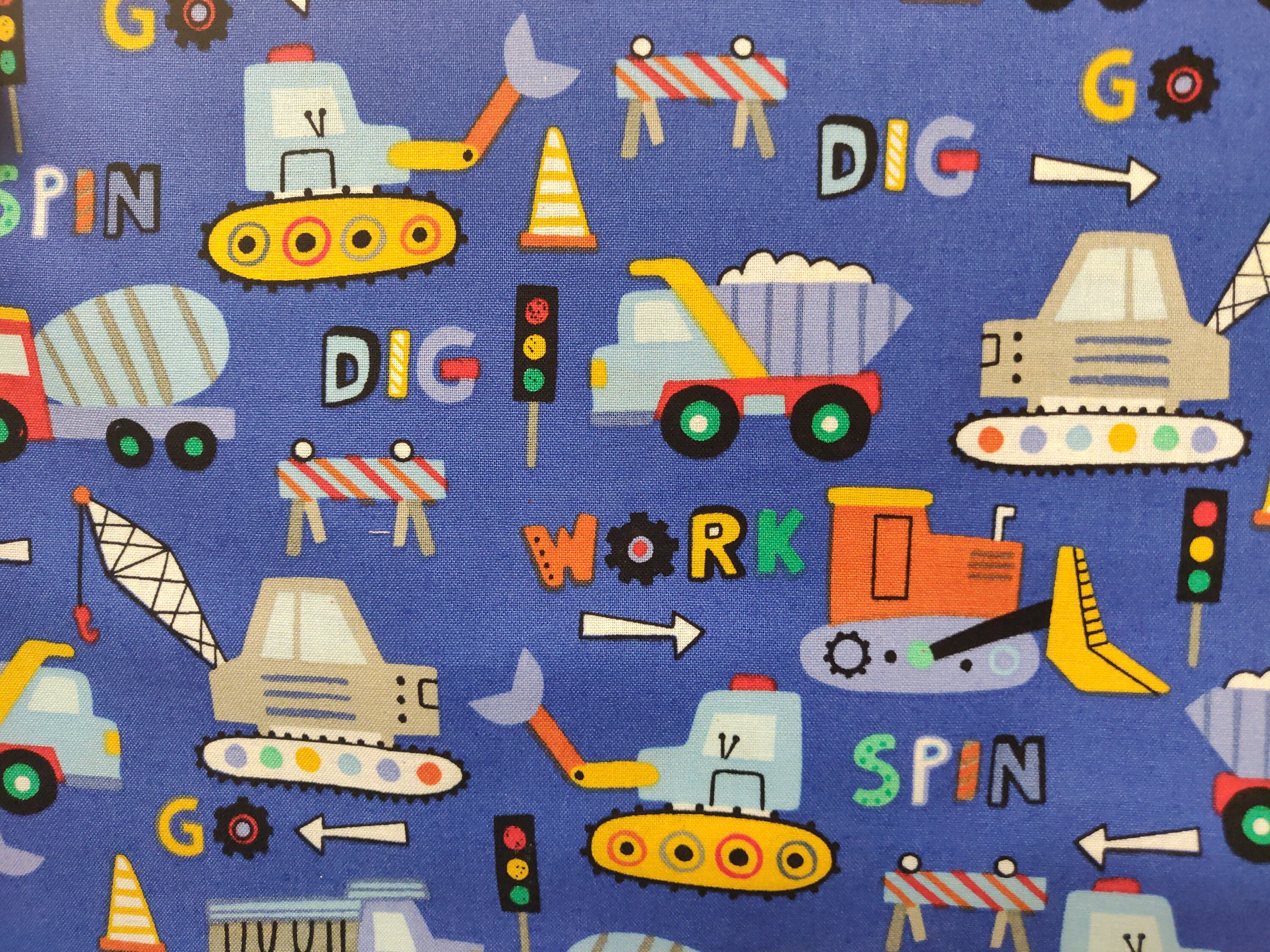 Construction Trucks Fabric, Construction Crew Fabric, 100% Cotton ...