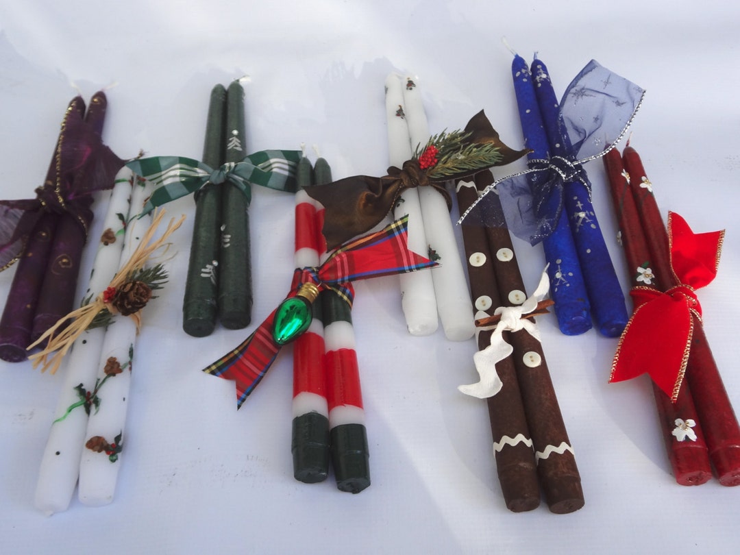 Christmas Décor, Painted Christmas Taper Candles, Matched Set of 2, Ten ...
