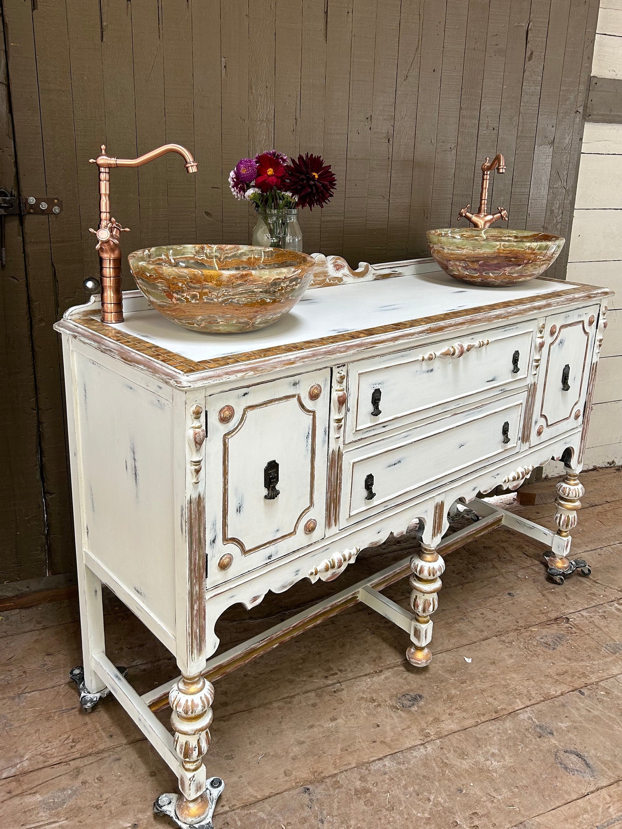 CUSTOM ORDER Sold Vintage Sideboard Bathroom Vanity Shabby Chic Farmhouse White Onyx Vessels Copper Mother of Pearl Tile Mosaic Etsy