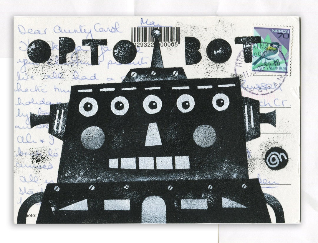 OPTOBOT Hand Stencilled Robot Art, Upcycled Postcard, Monochrome Contemporary Collectible ...