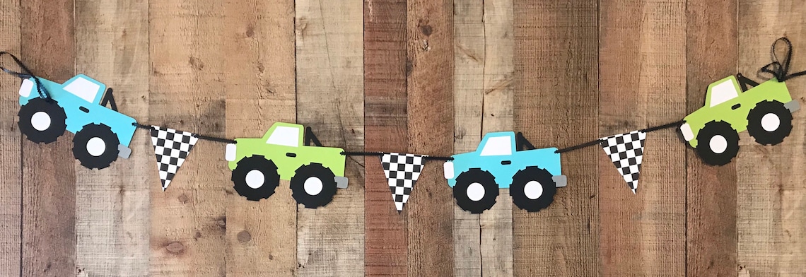 Turquoise and Lime Monster Truck Pennant Banner - Etsy