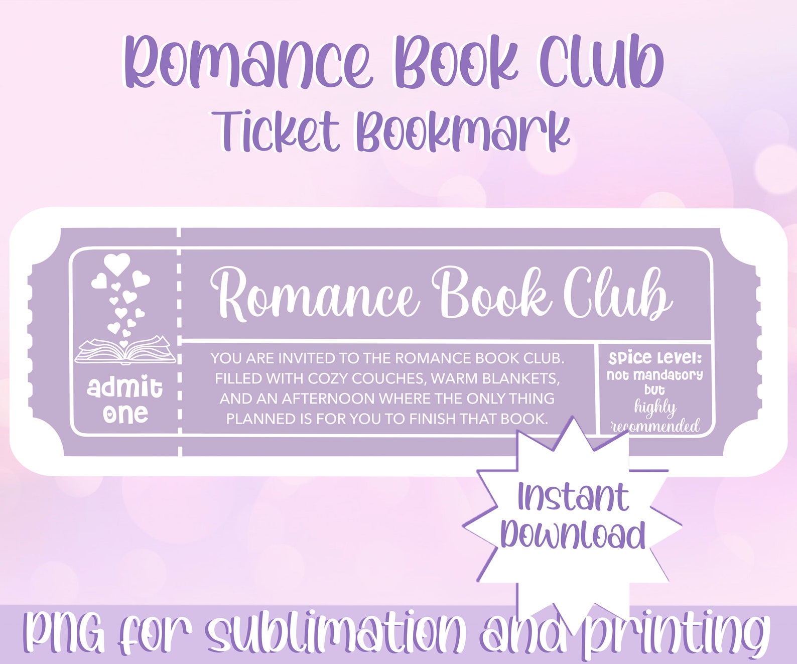 Romance Book Club Ticket Bookmark | PNG Digital Download |bookish ...