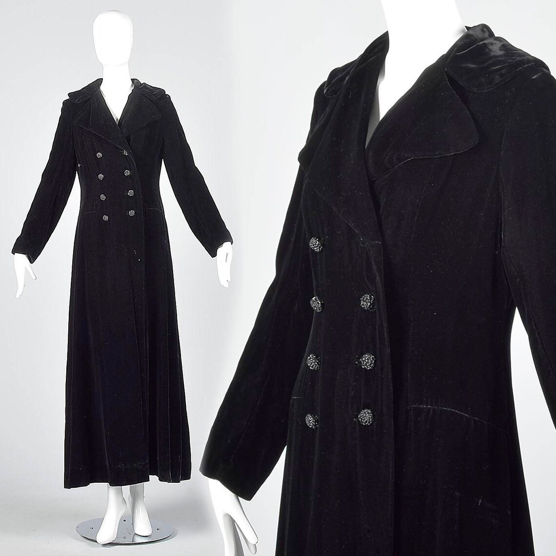 X-small 1970s Coat Black Velvet Maxi Coat Long Sleeves Floor Length ...