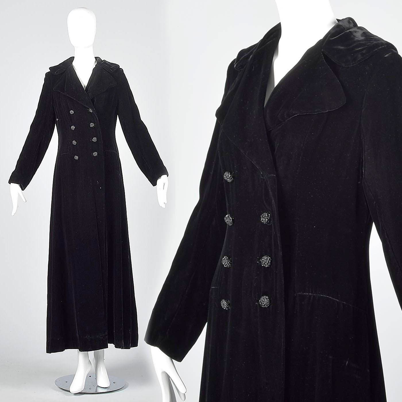 X-small 1970s Coat Black Velvet Maxi Coat Long Sleeves Floor Length ...