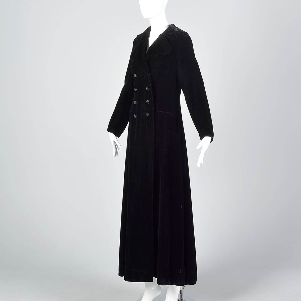 X-small 1970s Coat Black Velvet Maxi Coat Long Sleeves Floor Length ...