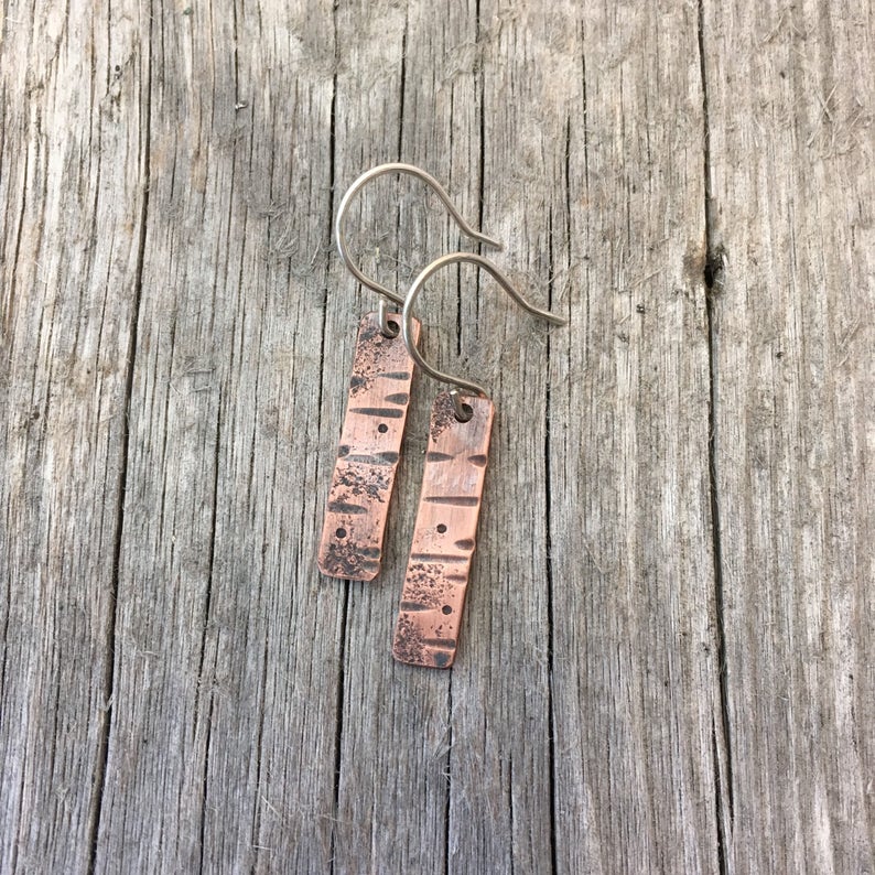 Birch Tree Bark Hammered Copper Stick Earrings - Etsy