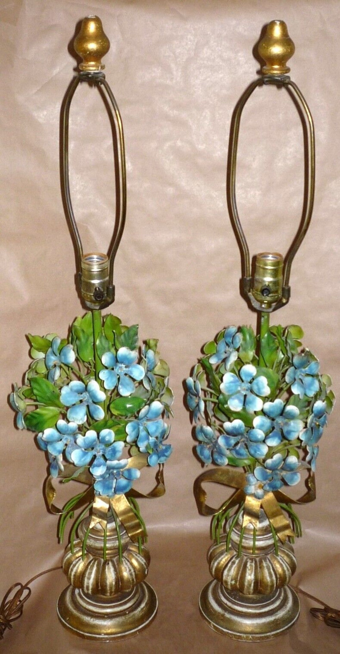 Pair 1940's Blue Hydrangea Hollywood Regency Floral Metal Italian Table ...
