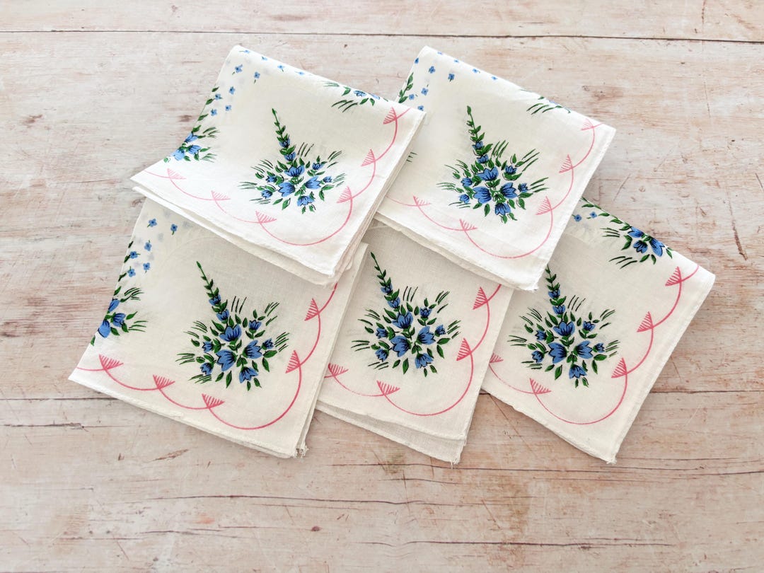 Blue & Pink Floral Cotton Handkerchiefs, Vintage Printed Handkerchiefs ...