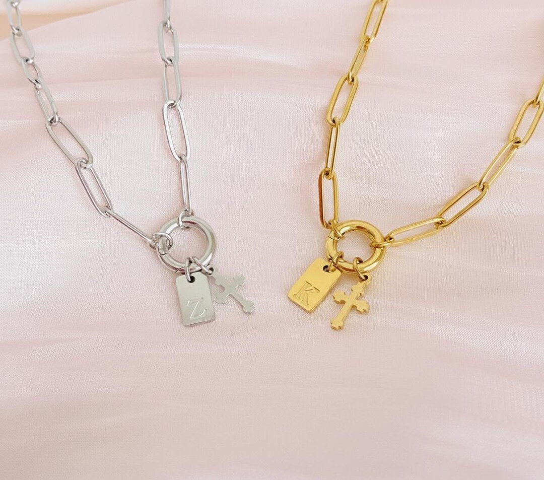 Personalized Cross Initial Necklace. Paperclip Chain Necklace With ...